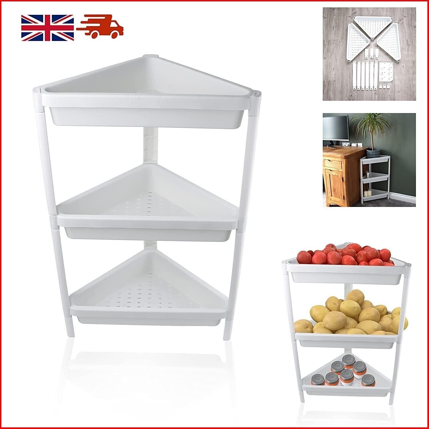 3 Tier Plastic Corner Shelf Unit, Multipurpose Shelving Unit for Small ...