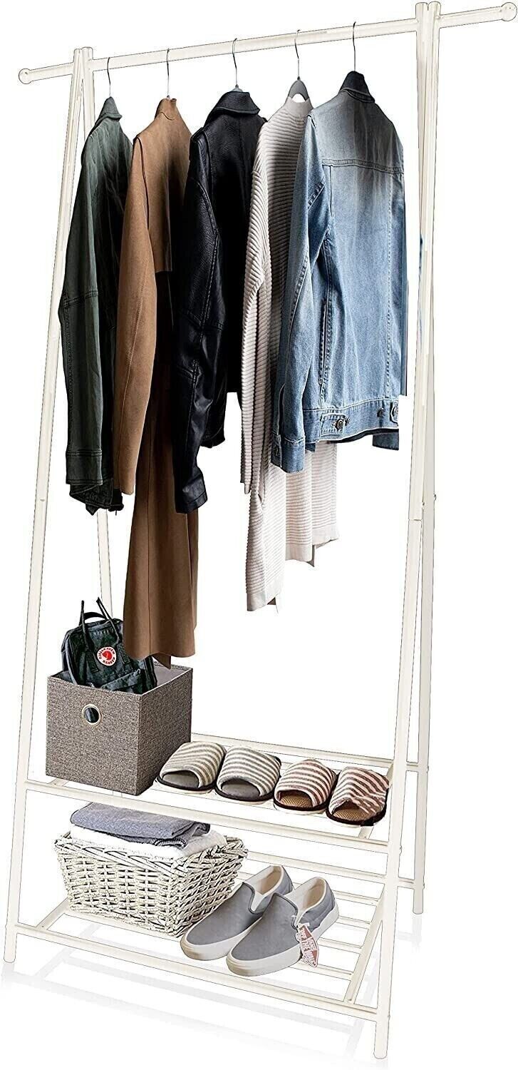 Portable Garment Rack On Wheels With Two Shelves Heavy Duty Wardrobe S ...